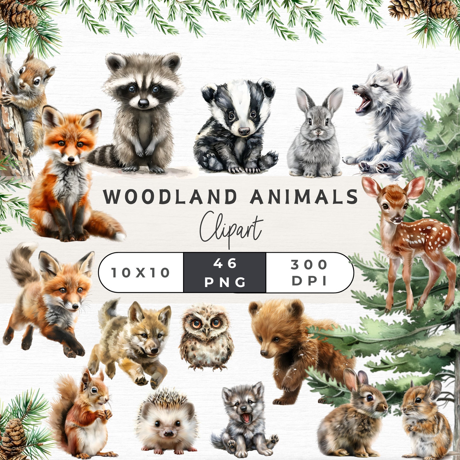 46 Woodland Clipart, Cute Baby Animals Clipart, Watercolor Woodland ...