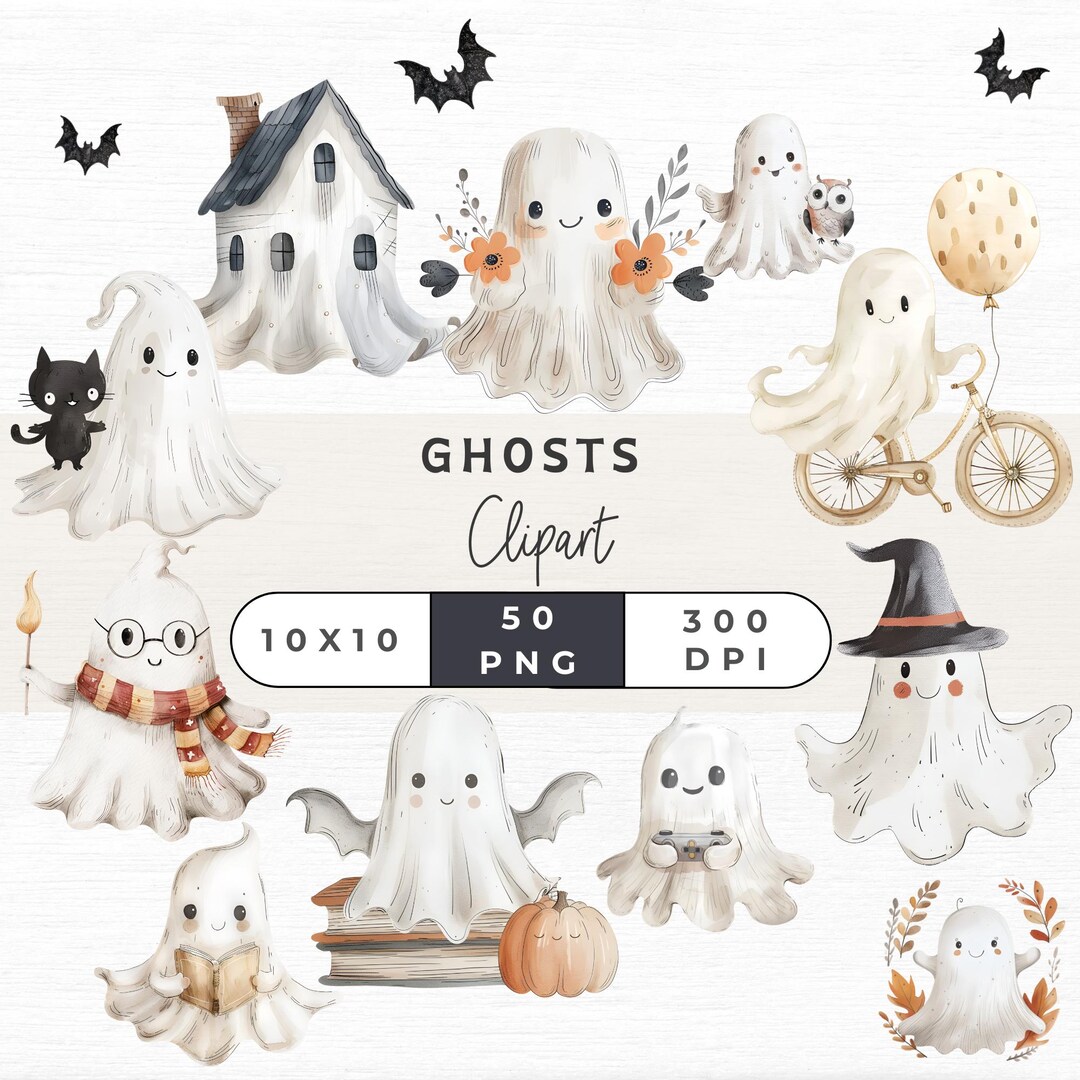 Cute Ghost Clipart, Halloween Clipart, Ghost PNG, Ghost Watercolor ...