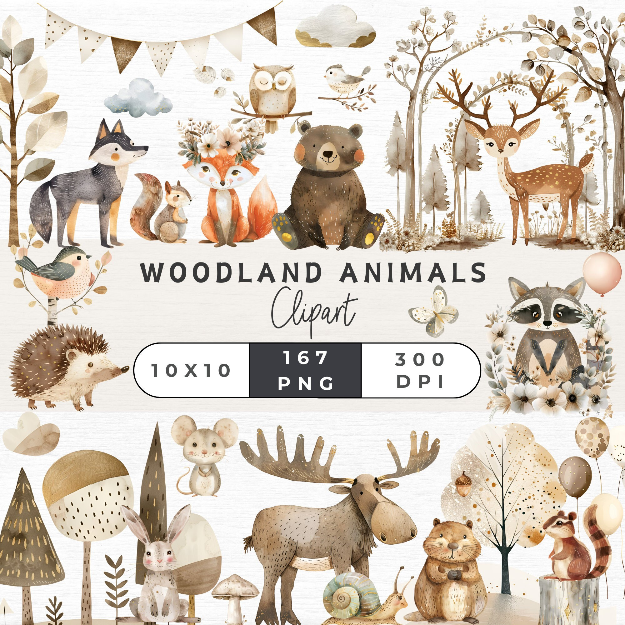 167 Woodland Animals Clipart, Woodland Nursery, Boho Woodland ...