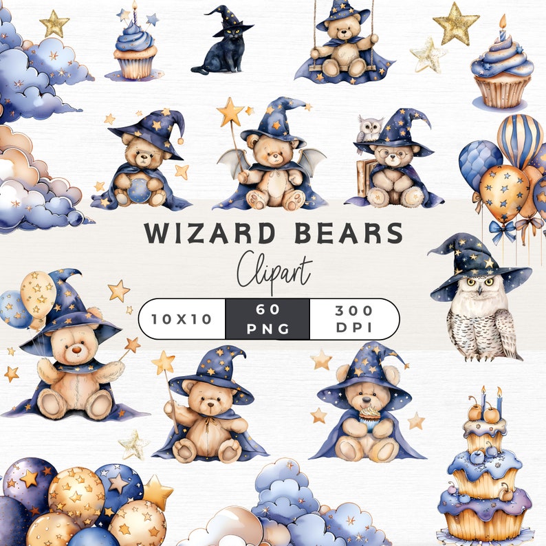 Wizard Teddy Bear, Blue Teddy Bear Clipart, Cute Teddy Bear, Nursery Clipart, Watercolor Baby ...