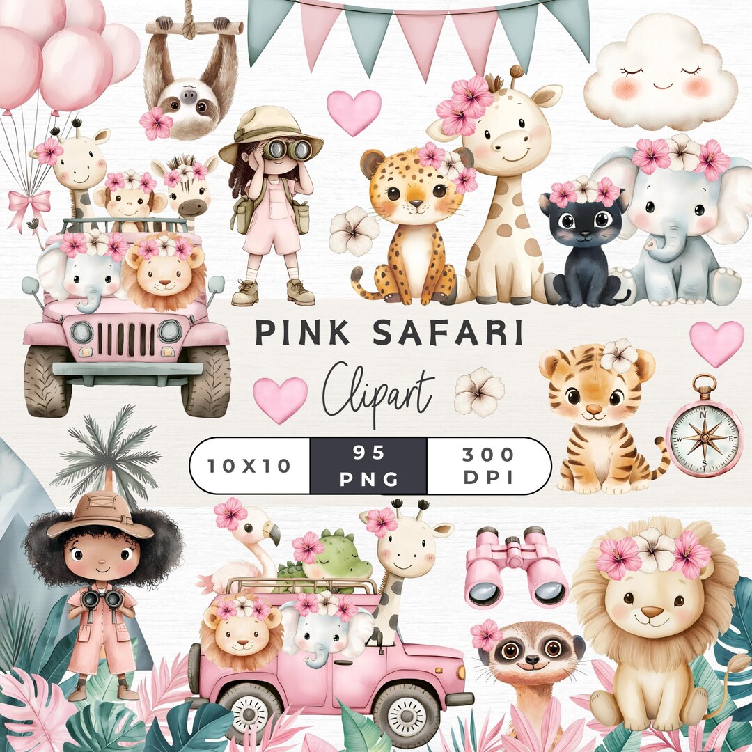 Watercolor Pink Safari Clipart Bundle, Pink Safari Girl Clipart ...
