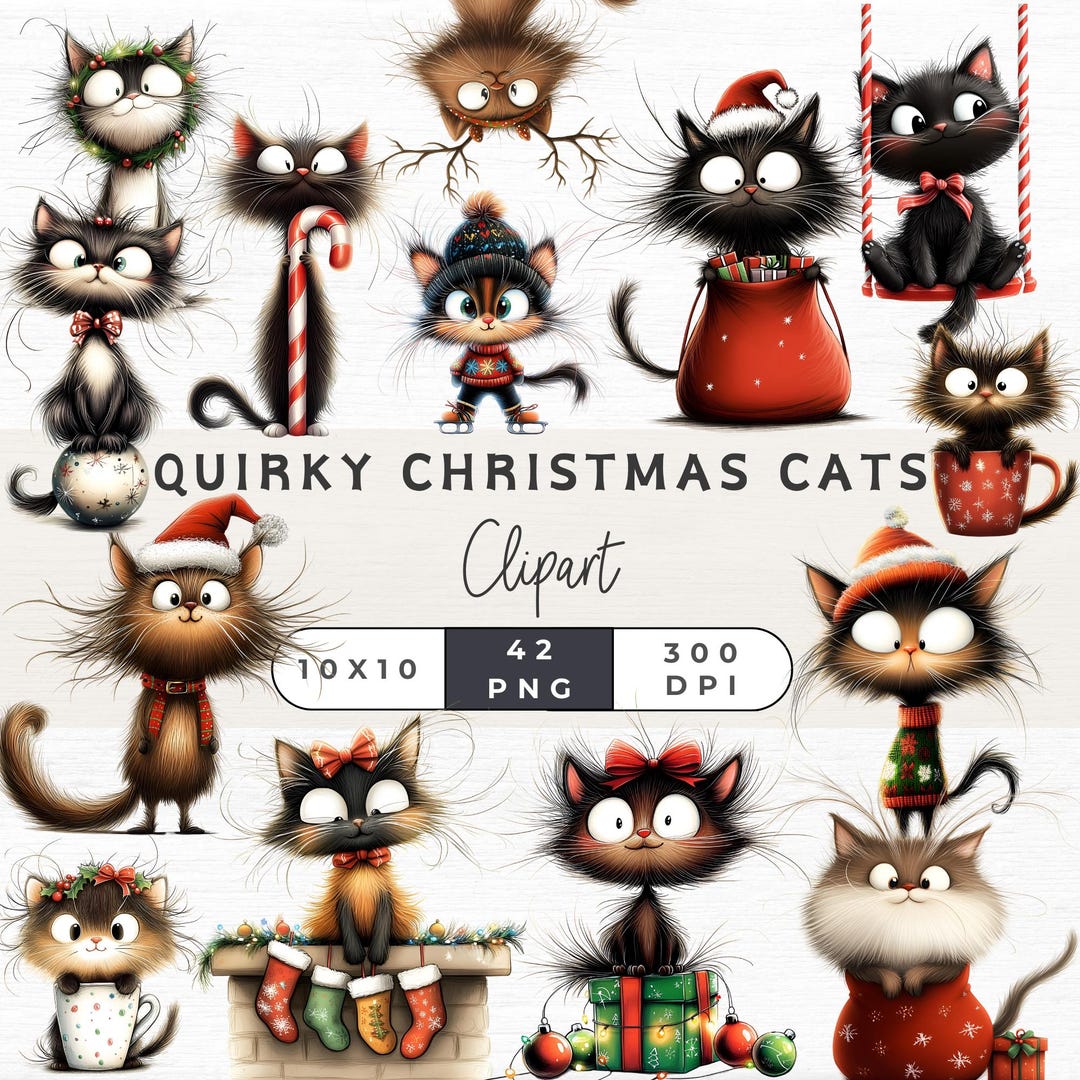 Quirky Christmas Cat Clipart Bundle, Cute & Funny Cats, Funny Holiday ...