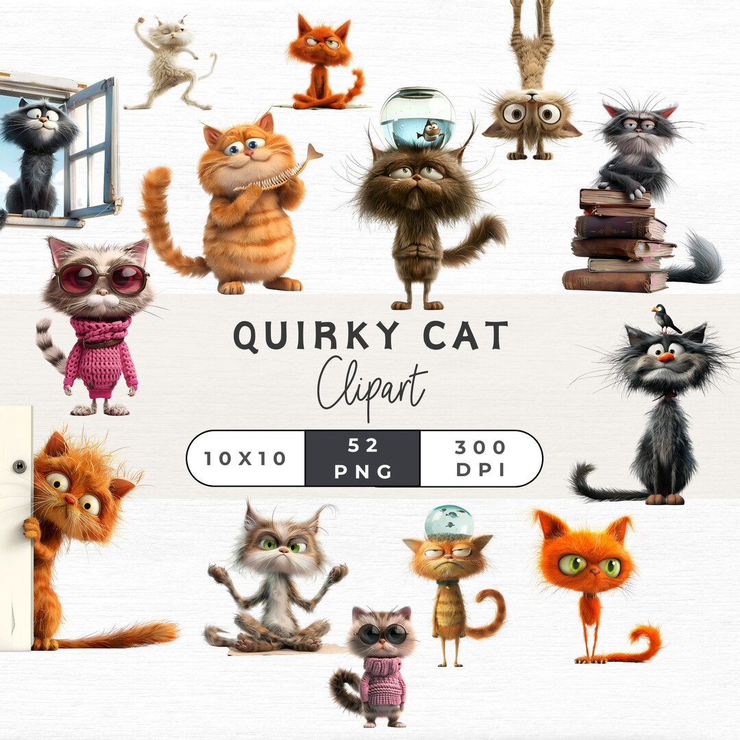 52 Quirky Cat Clipart, Funny Cat Clipart, Cat Cartoon PNG, Commercial ...