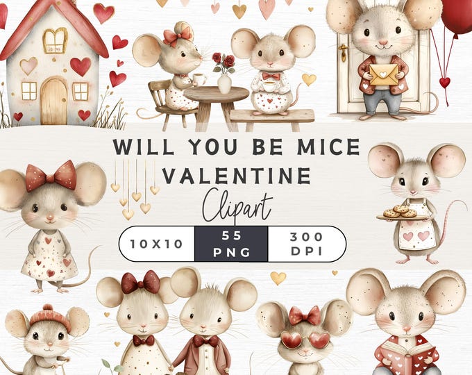 Mice Couple Clip Art, Set of 10 PNG Bundle, 300 DPI Clipart, Cute ...