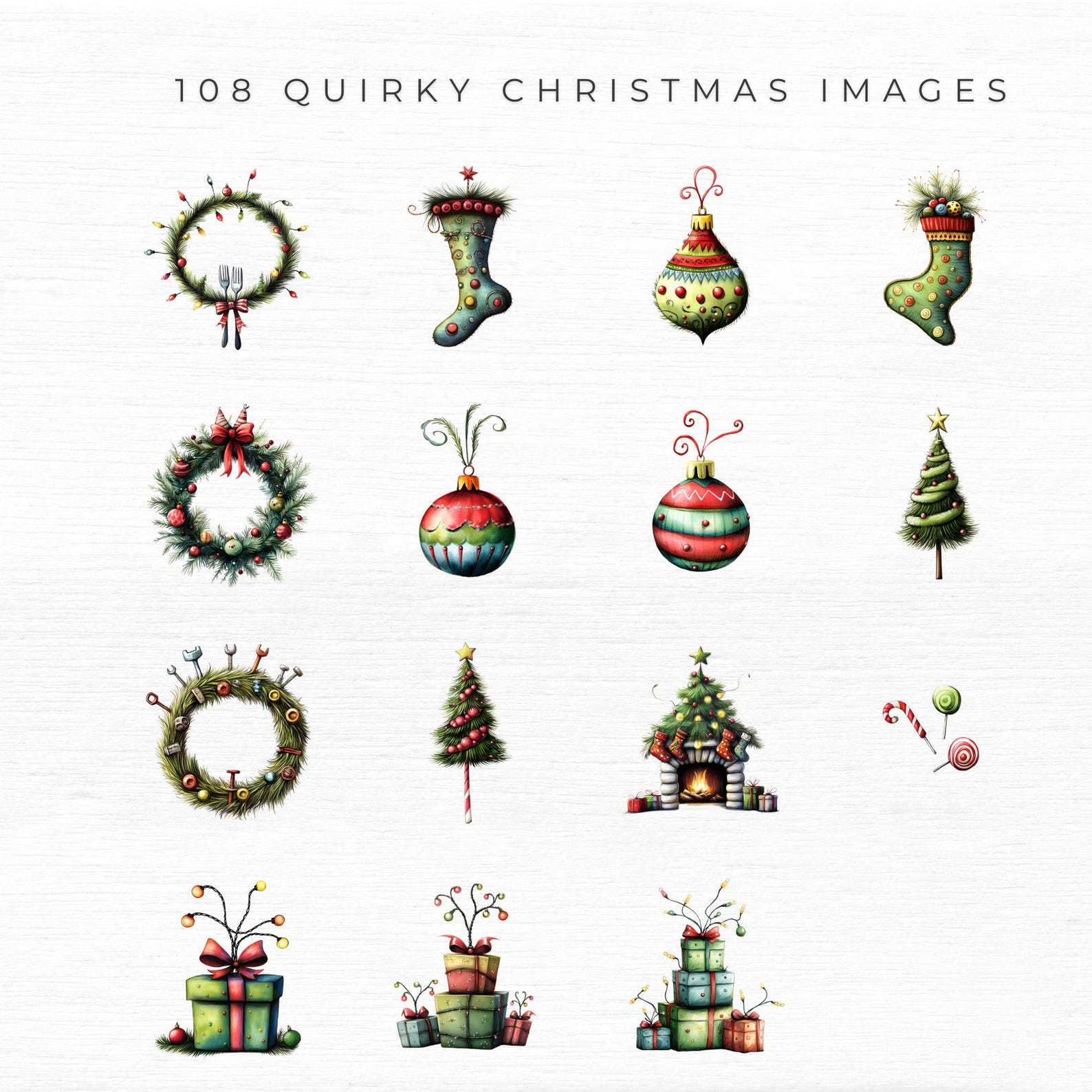 Quirky Christmas Clipart, Watercolor Whimsical Graphics, Quirky Santa ...