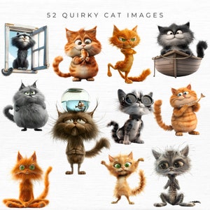 52 Quirky Cat Clipart, Funny Cat Clipart, Cat Cartoon PNG, Commercial ...