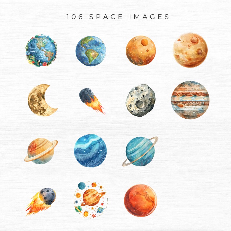 106 Watercolor Space Clipart Bundle, Astronaut PNG, Planets Clipart ...