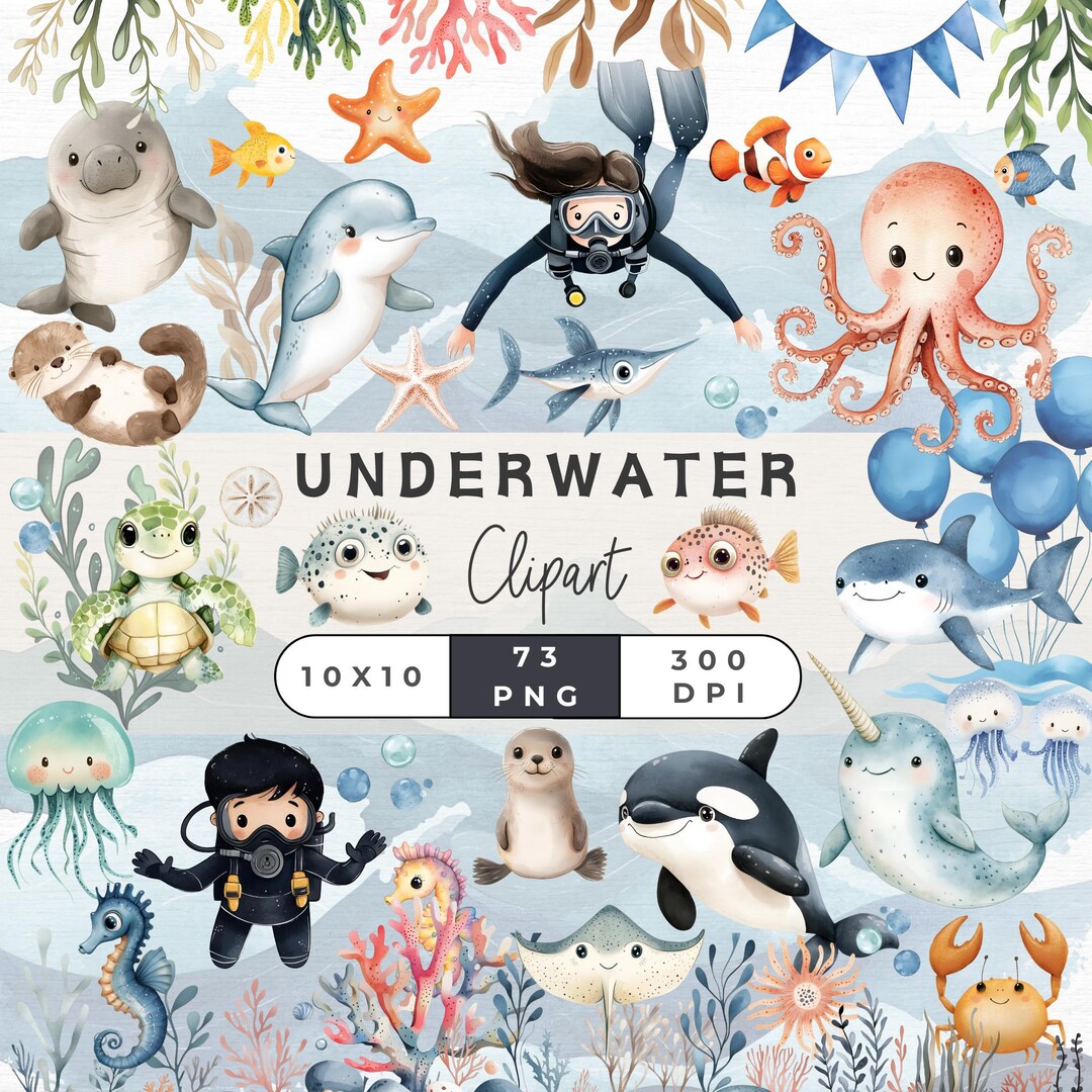 Watercolor Sea Animals Clipart Bundle, Cute Underwater Creatures, Sea ...