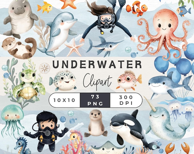 Sea Animals Clipart, Cute Ocean Animals Clipart, Nautical, Watercolor ...