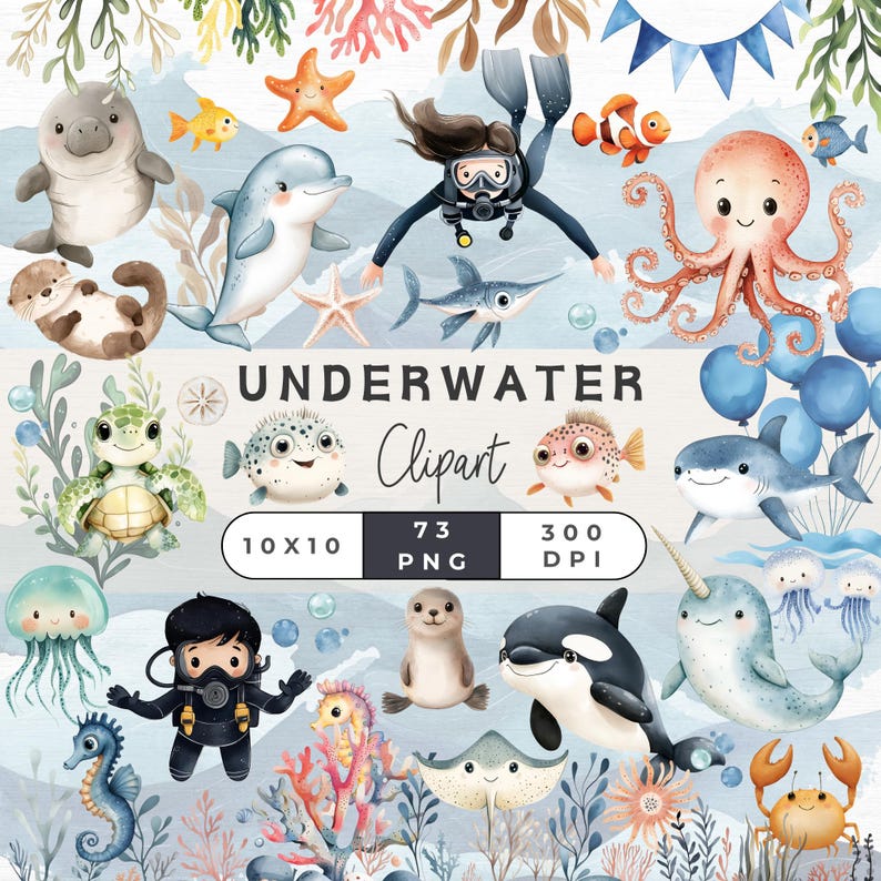 Watercolor Sea Animals Clipart Bundle, Cute Underwater Creatures, Sea ...