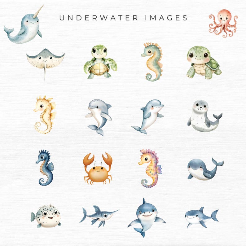 Watercolor Sea Animals Clipart Bundle, Cute Underwater Creatures, Sea ...