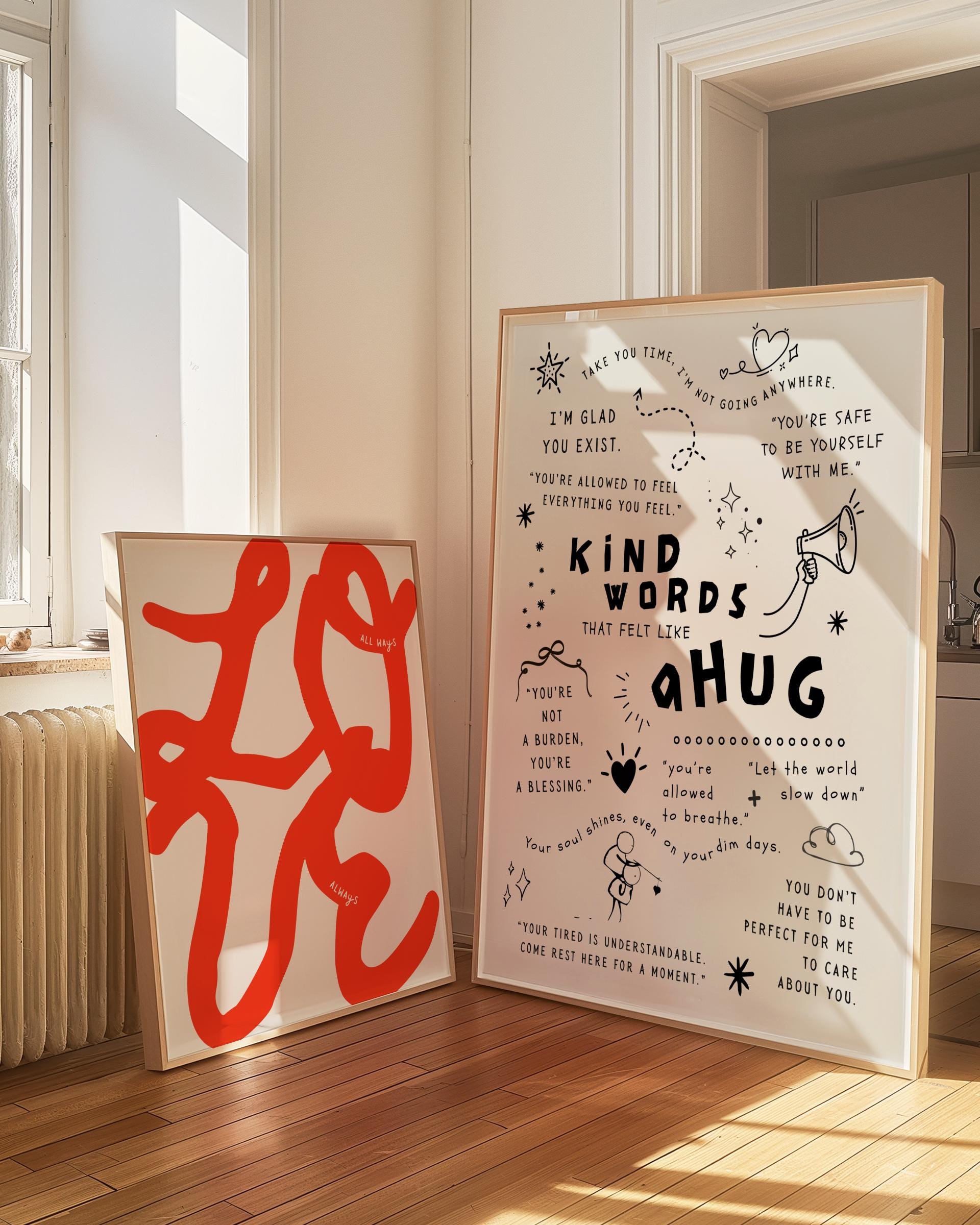 Kind Words Like a Hug Art Print, Typography Poster Wall Art, Quotes ...