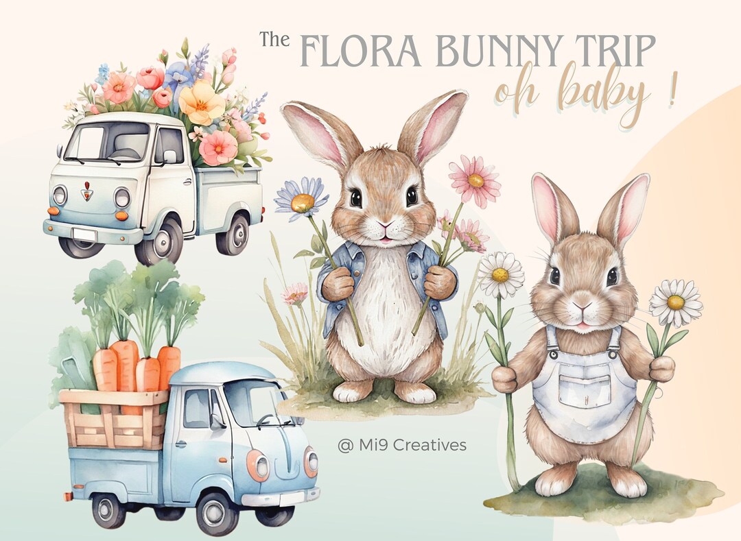 Cute Bunnies PNG Floral Clipart, Bunny Decor, Rabbit Digital Png ...