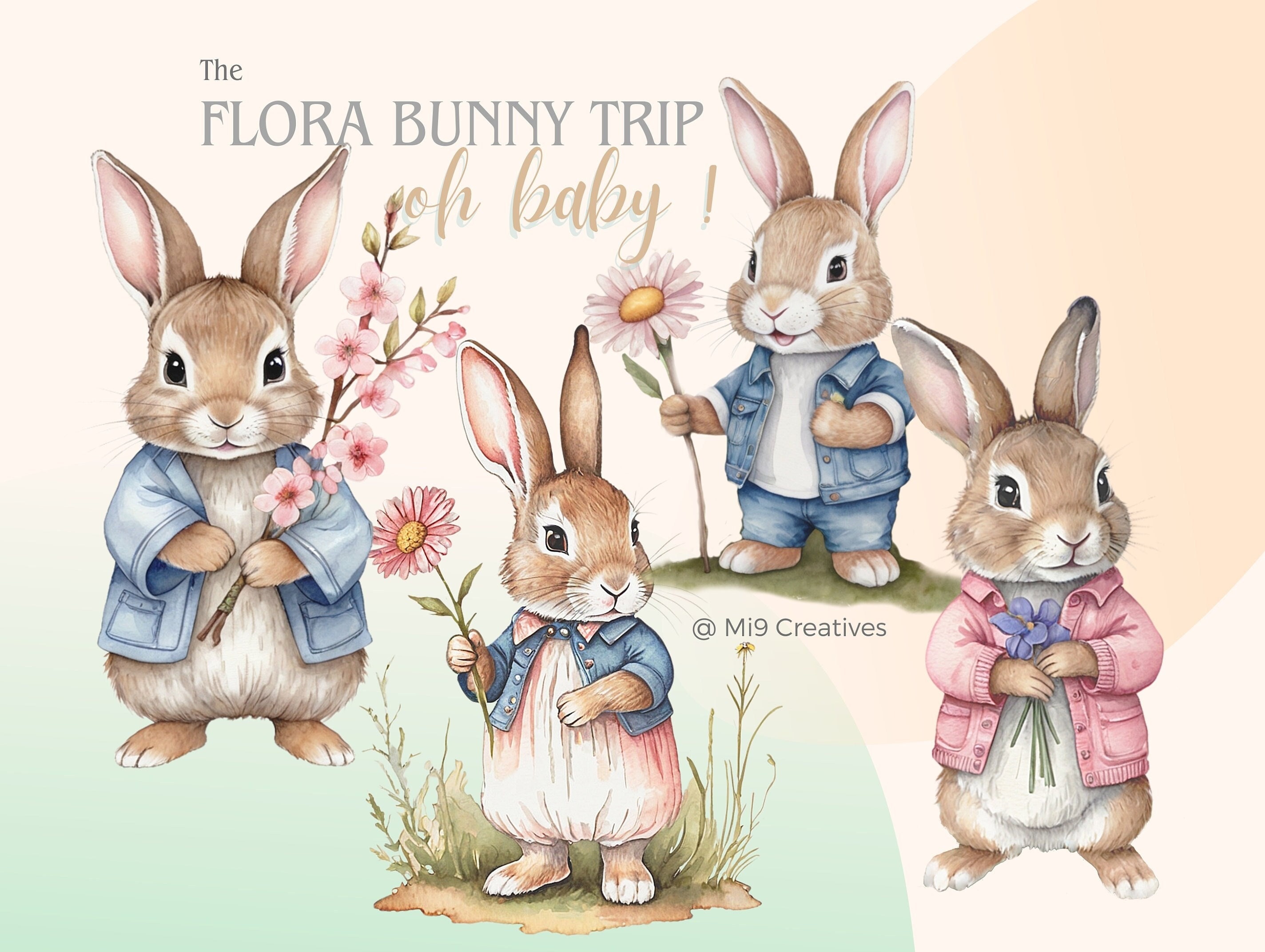 Cute Bunnies PNG Floral Clipart, Bunny Decor, Rabbit Digital Png ...