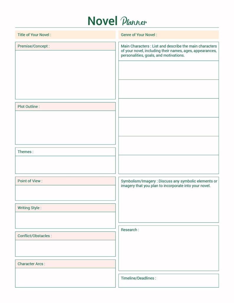 One Page Novel Planner for Authors - Etsy