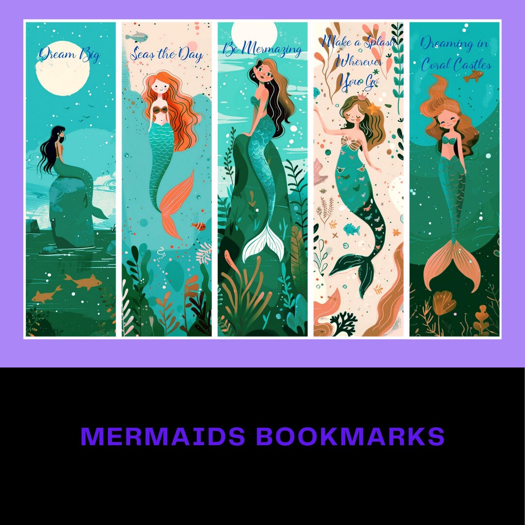 Printable Mermaid Bookmarks, Set of Five, Printable PDF - Etsy