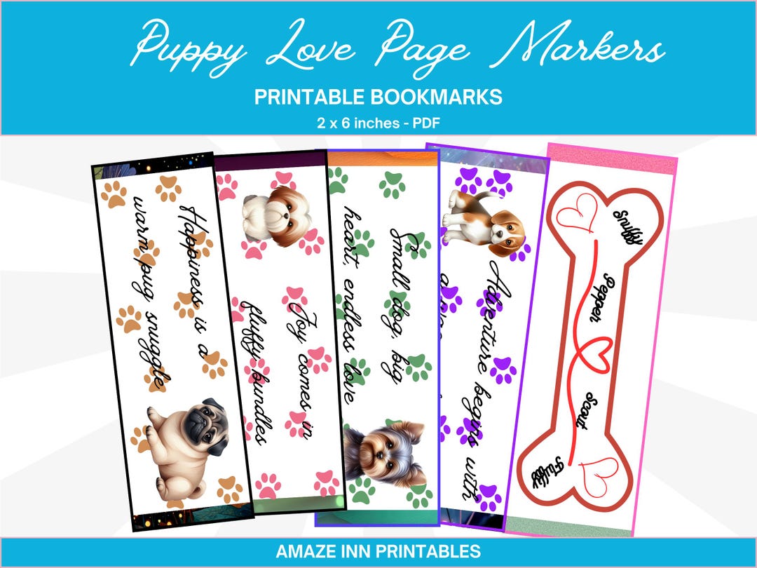 Puppy Dog Bookmarks: Set of 5 Printable 'puppy Love' Designs - PDF ...