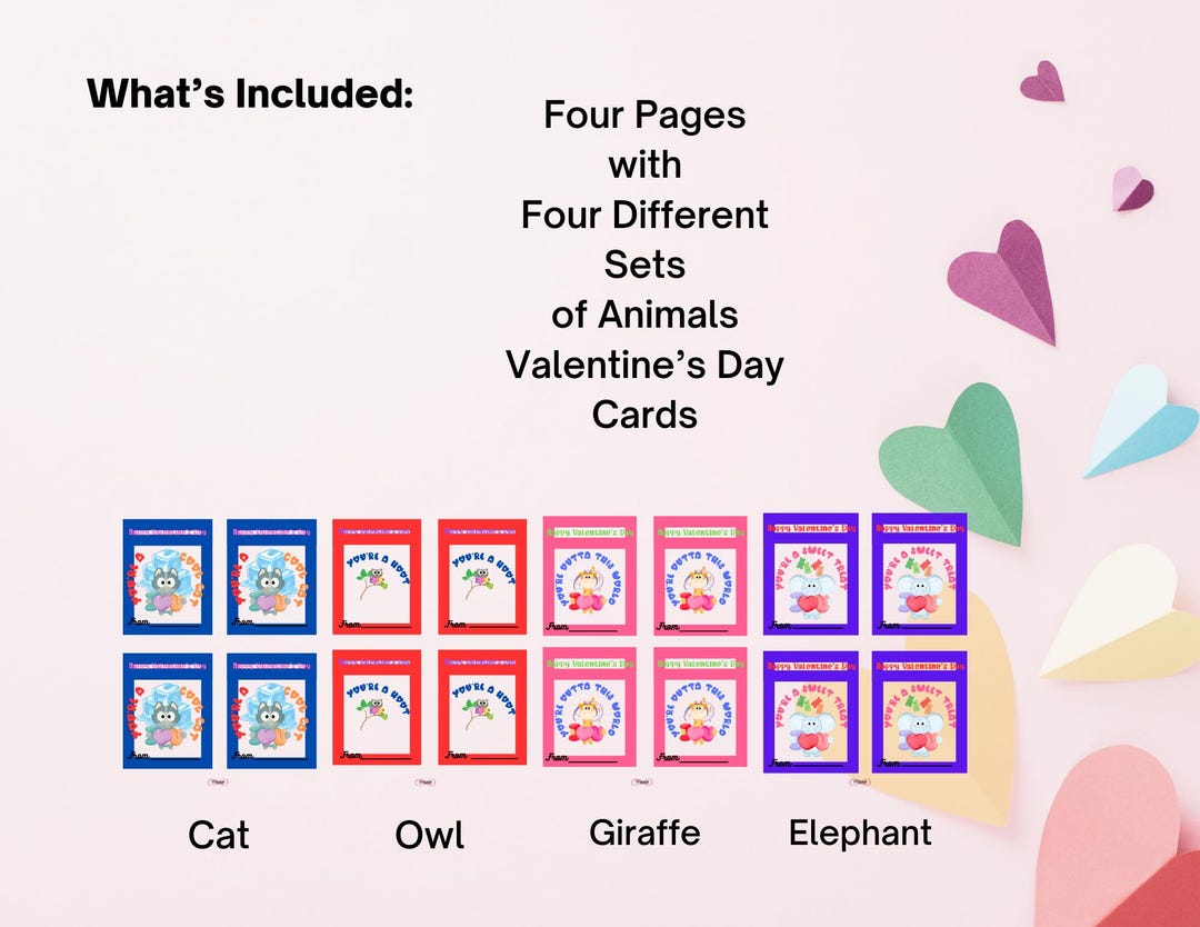 Cute Animal Valentine's Day Cards - for Kids - Printable - Etsy