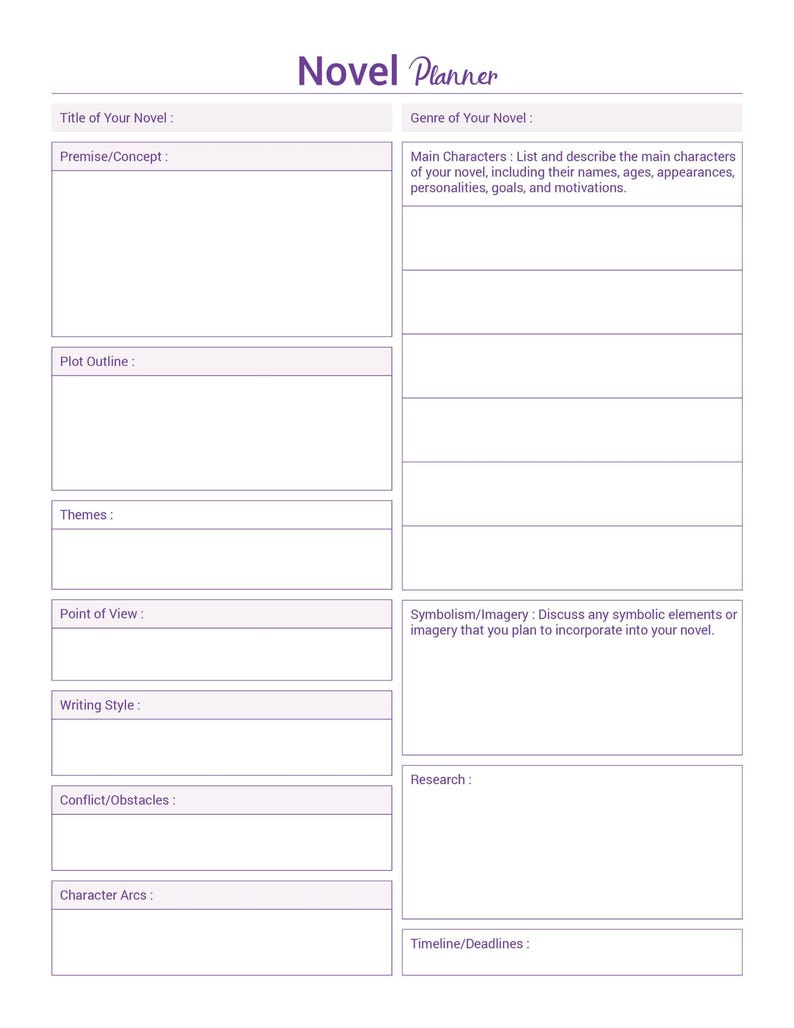 One Page Novel Planner for Authors - Etsy