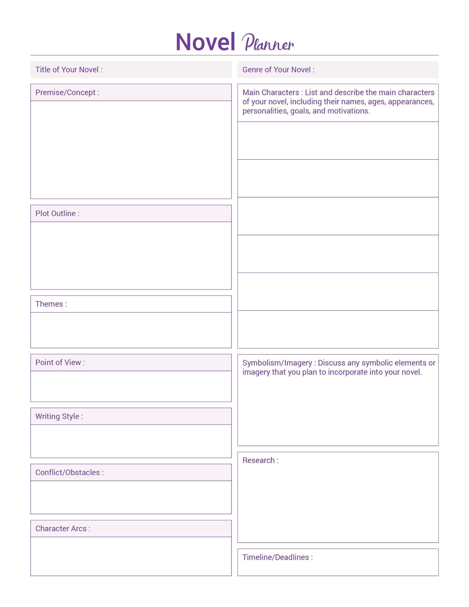 One Page Novel Planner for Authors - Etsy