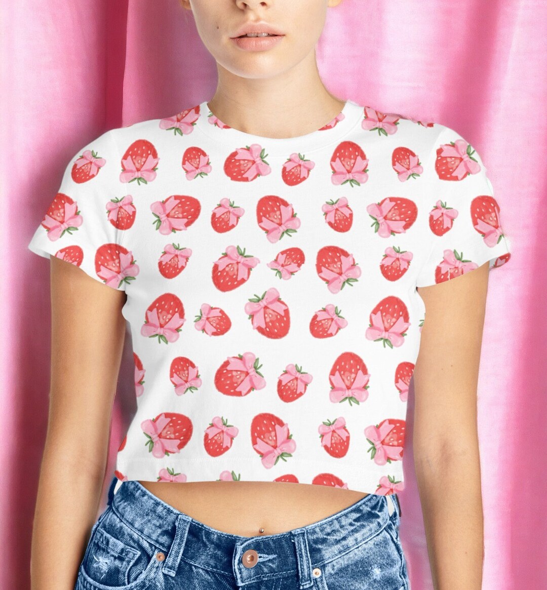COQUETTE STRAWBERRY Crop TOP for Women pink Bow With Fruit Summer ...