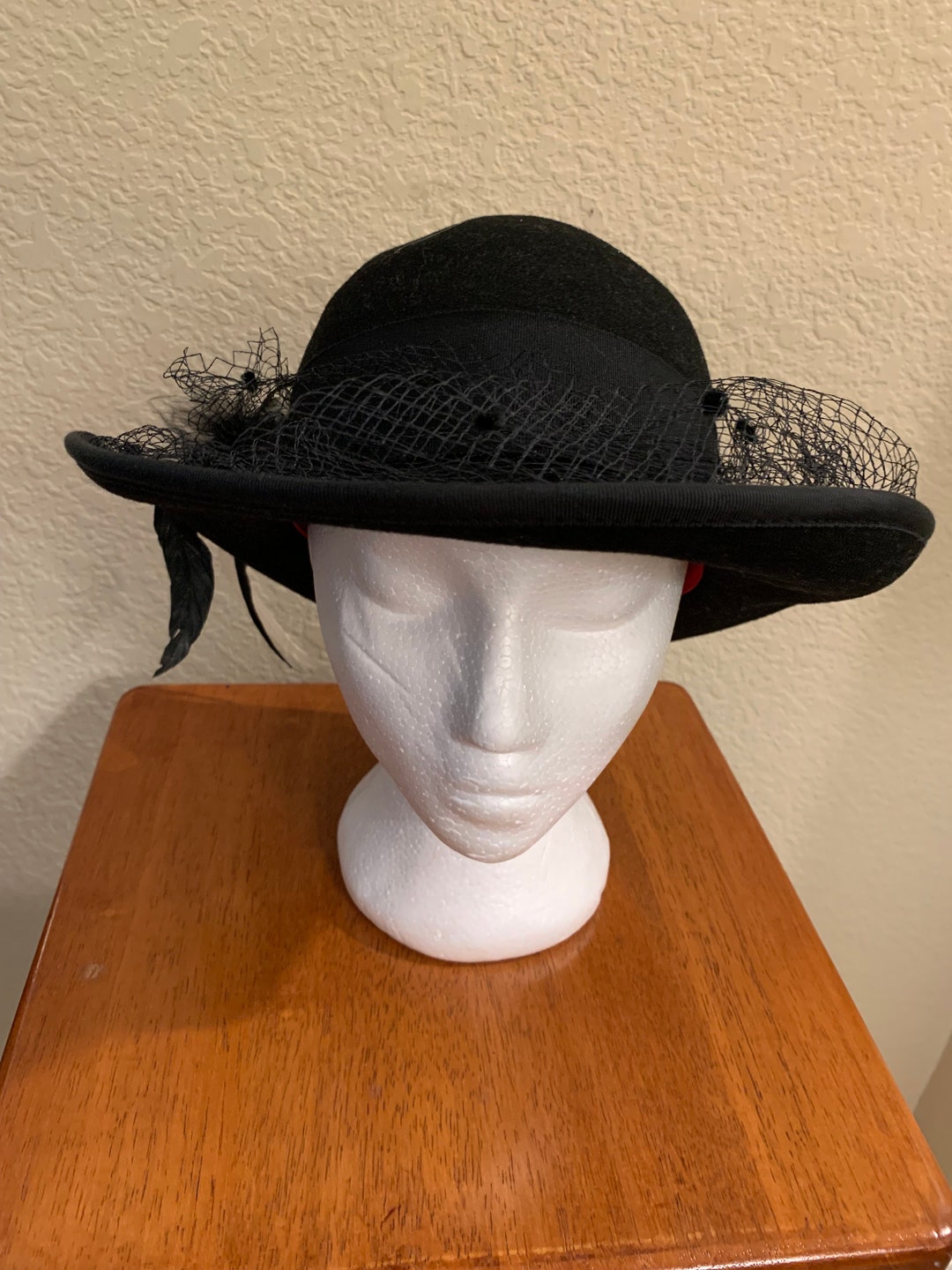 Black Felt Womens Wool Felt Hat With Veil and Feathers by Mr. Charles ...