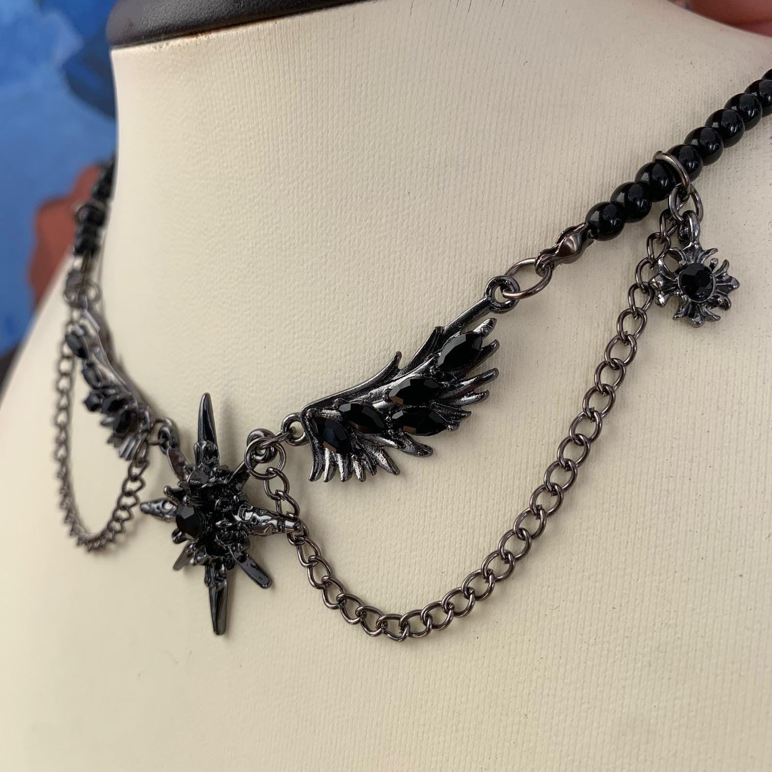 Gothic Angel Wings Choker: Stainless Steel Pendant, Gothic Gem Necklace ...