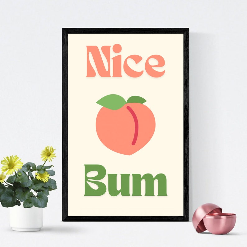 Nice Bum Poster Funny Toilet Printable Poster Bathroom Wall Art Peach ...