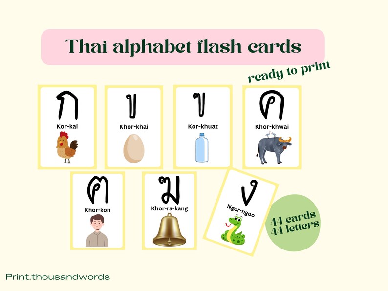 Thai Alphabet Flashcards With Picture, Flash Cards Toddlers Preschool ...