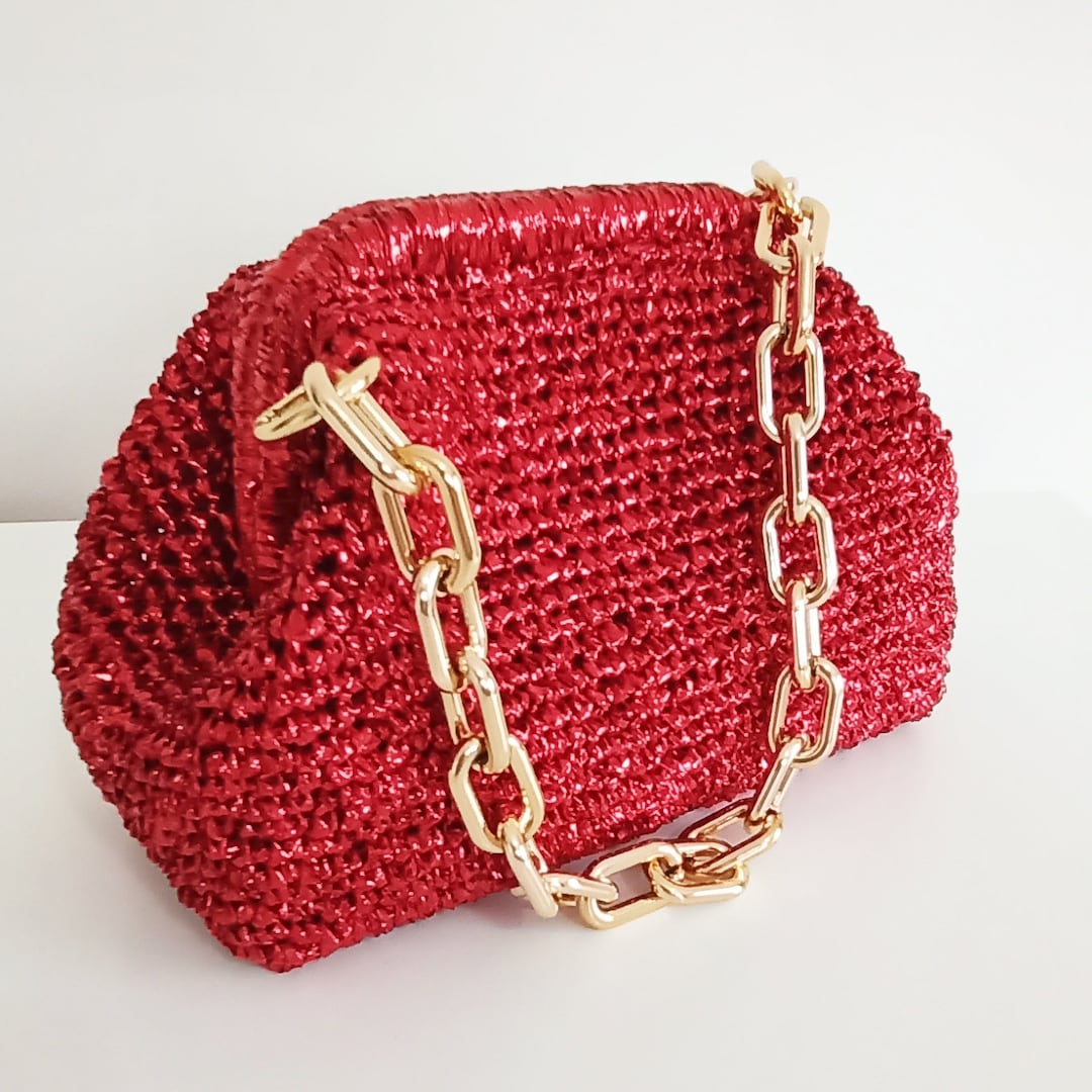 Metallic Red Raffia Pouch Clutch Bag, Special Occasion Bag, Handmade ...