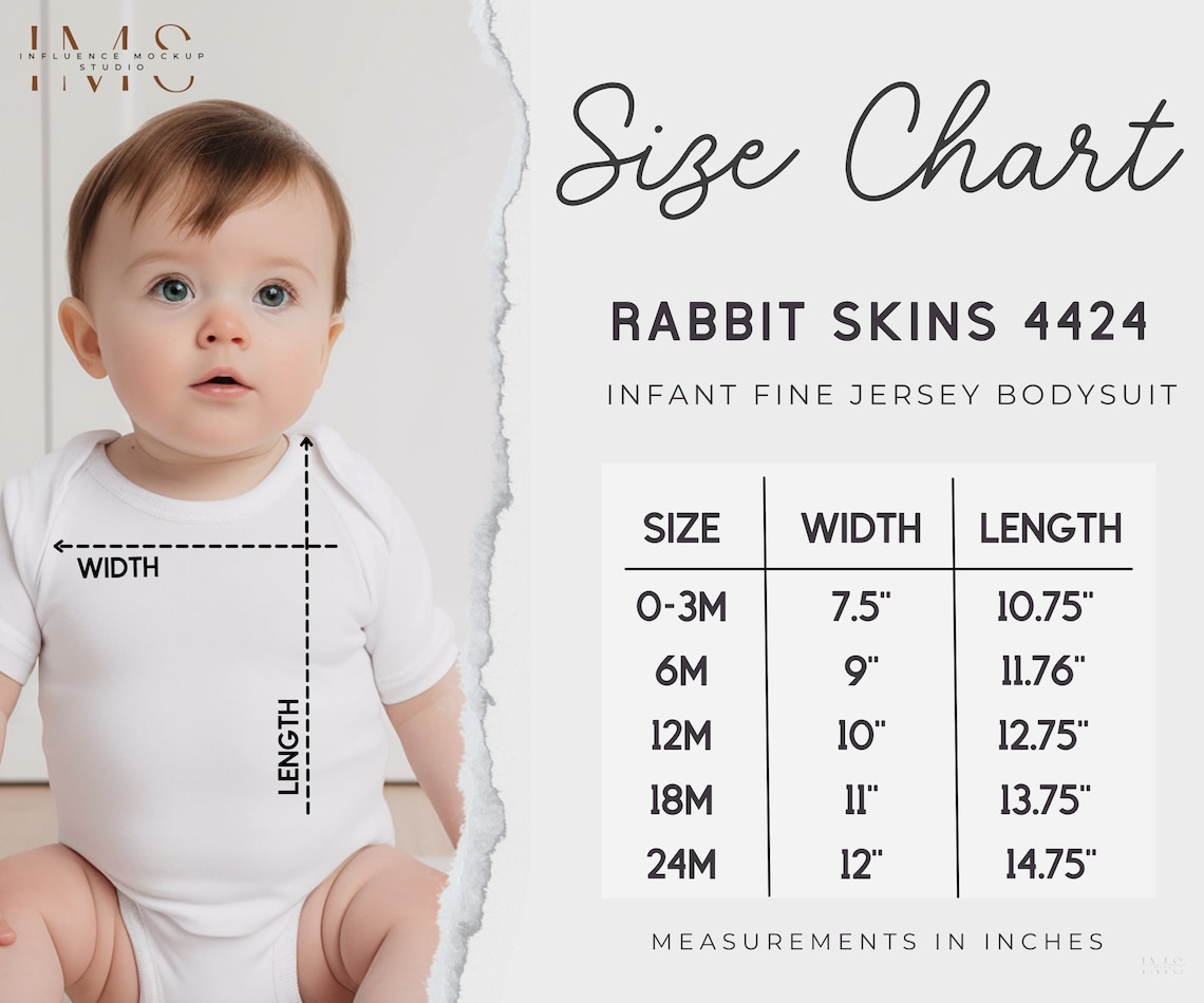 Rabbit Skins 4424 Size Chart, Rabbit Skins 4424 Mockup, Baby Onesie ...