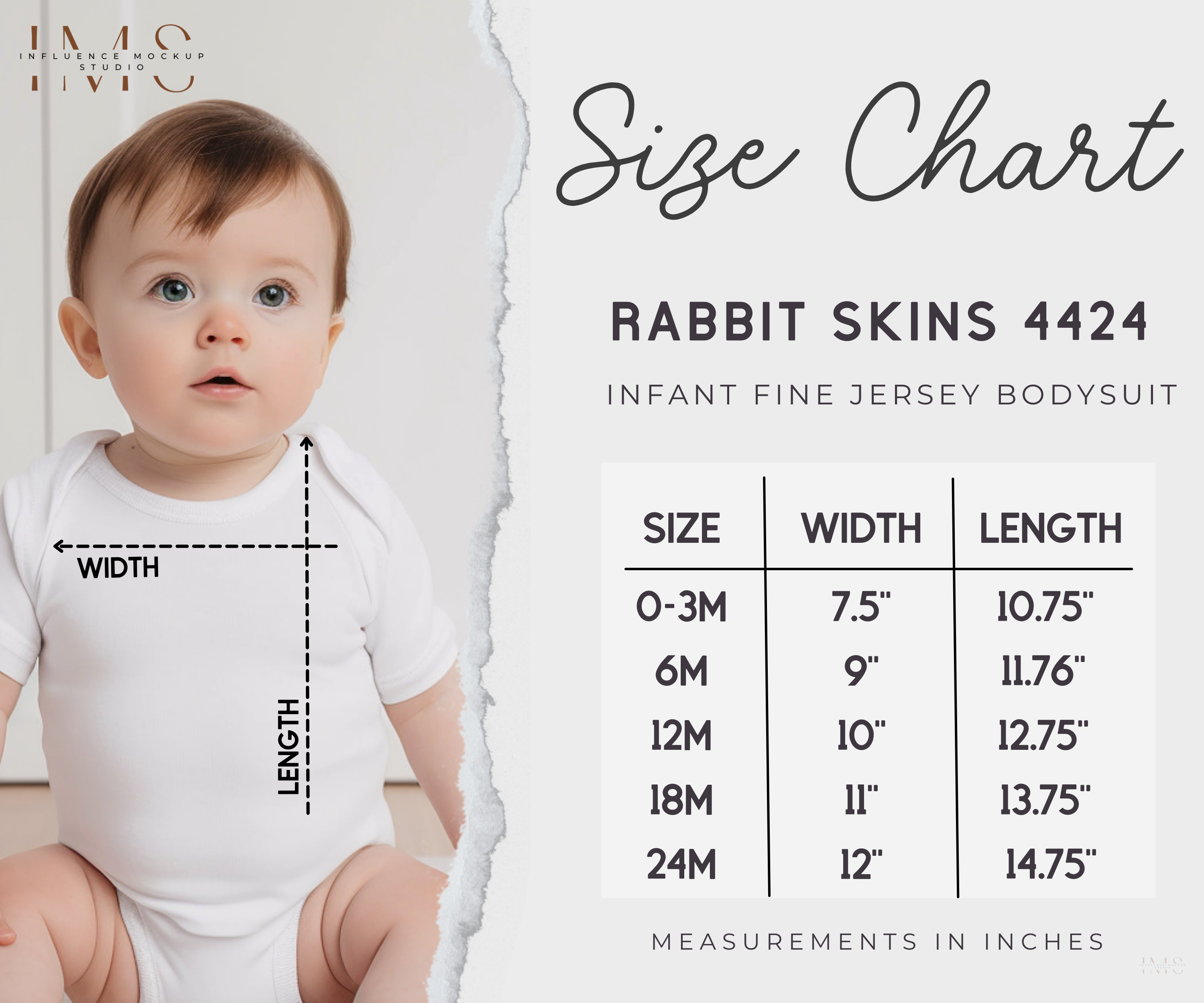 Rabbit Skins 4424 Size Chart, Rabbit Skins 4424 Mockup, Baby Onesie ...
