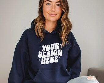 Navy Gildan 18500 Mockup, Gildan 18500 Crewneck, Navy Blue Hoodie ...