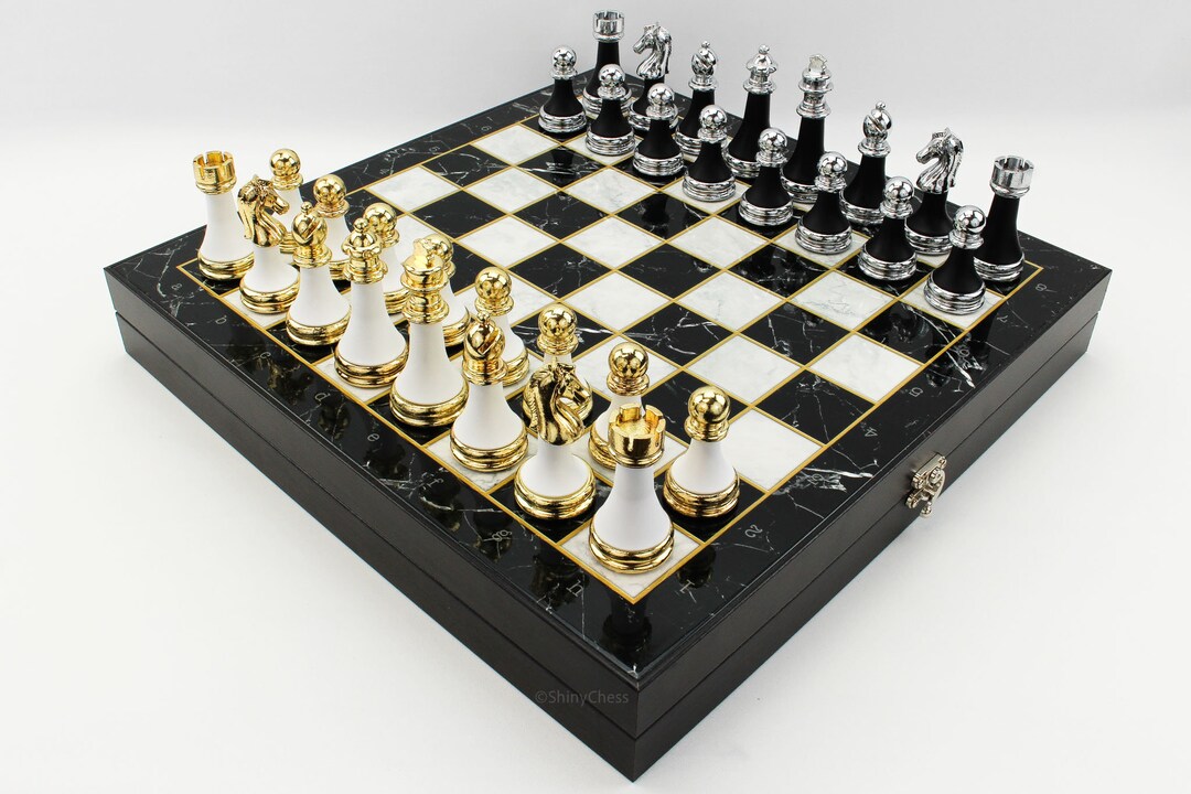 Marble Chess Box With Chamber in Black Handmade Premium Classic Figures ...
