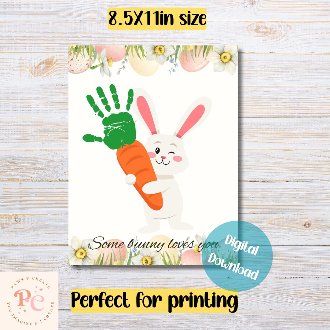 Easter Handprint Craft Printable – Bunny Carrot Art, Kids Activity ...