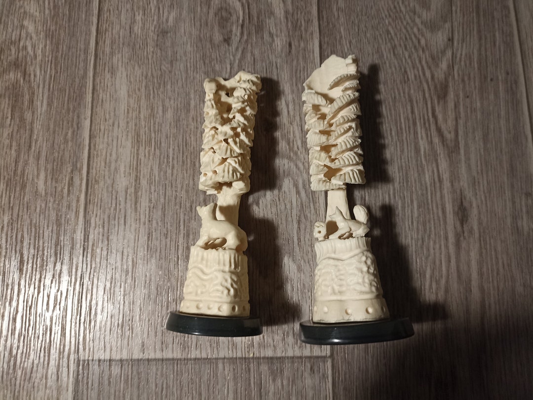 Set of Two Vintage Bone Figurines / Wolf Fox or Dog Under a Tree / Hand ...