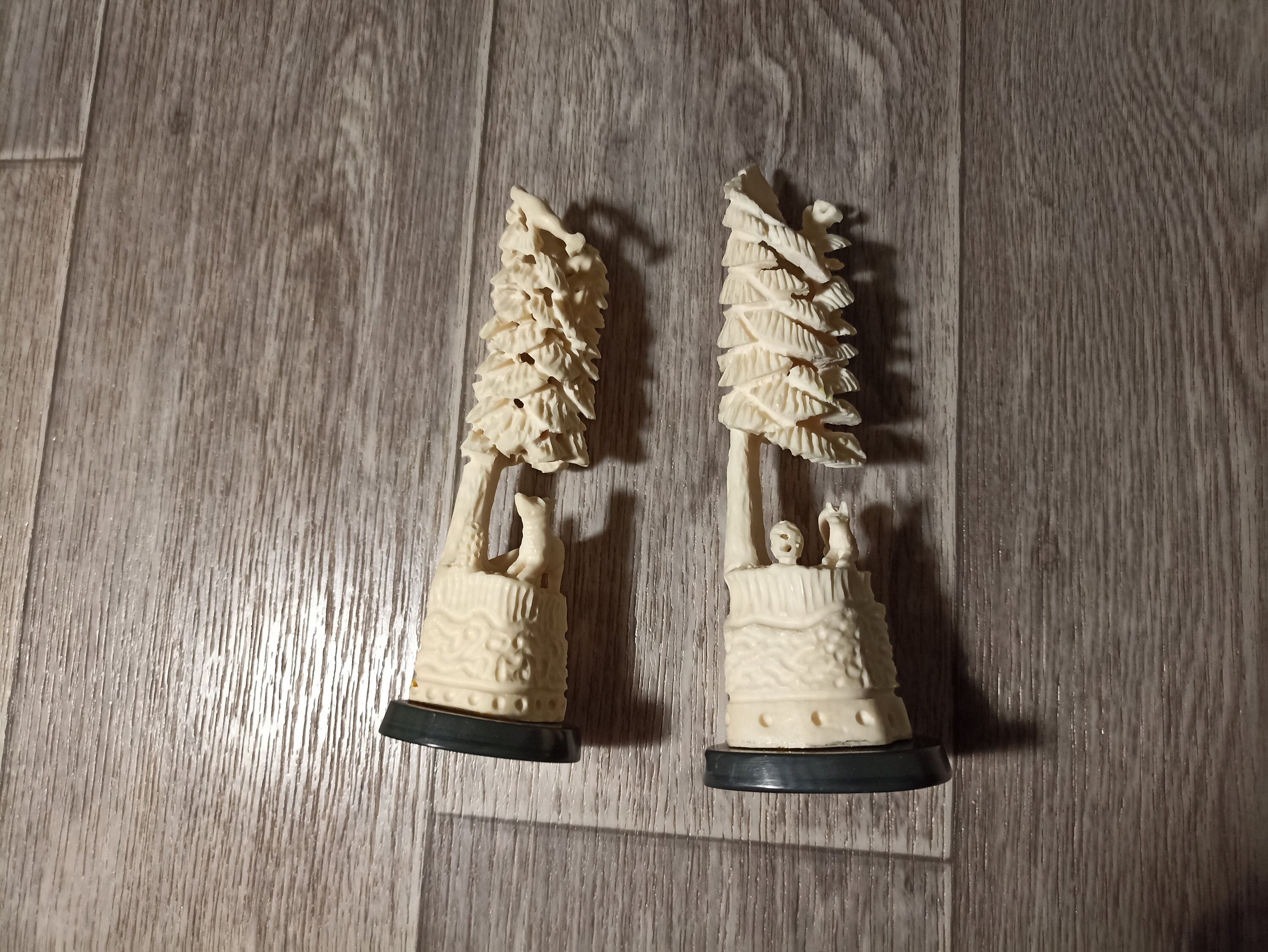 Set of Two Vintage Bone Figurines / Wolf Fox or Dog Under a Tree / Hand ...