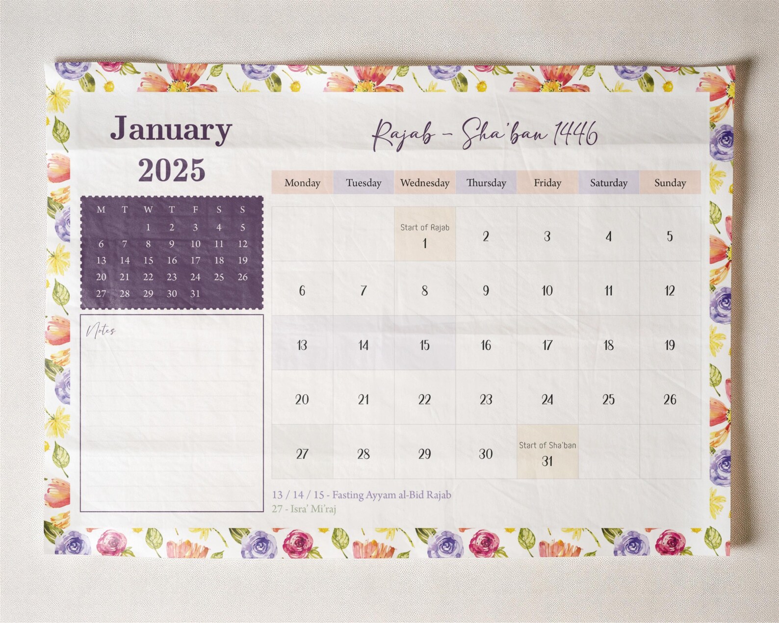 2025 Hijri Calendar | Islamic Calendar | Gregorian Dates | Floral ...