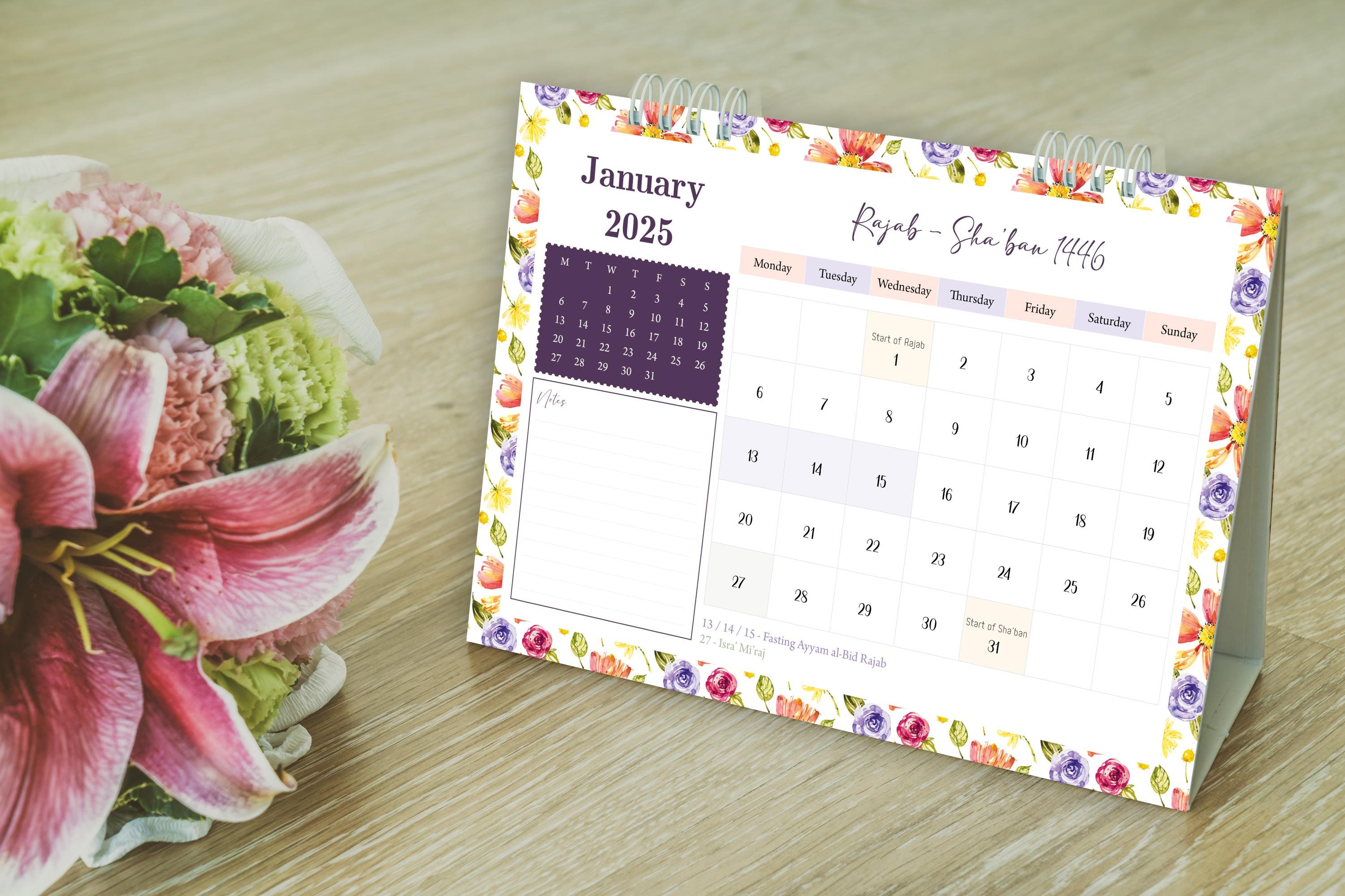 2025 Hijri Calendar | Islamic Calendar | Gregorian Dates | Floral ...