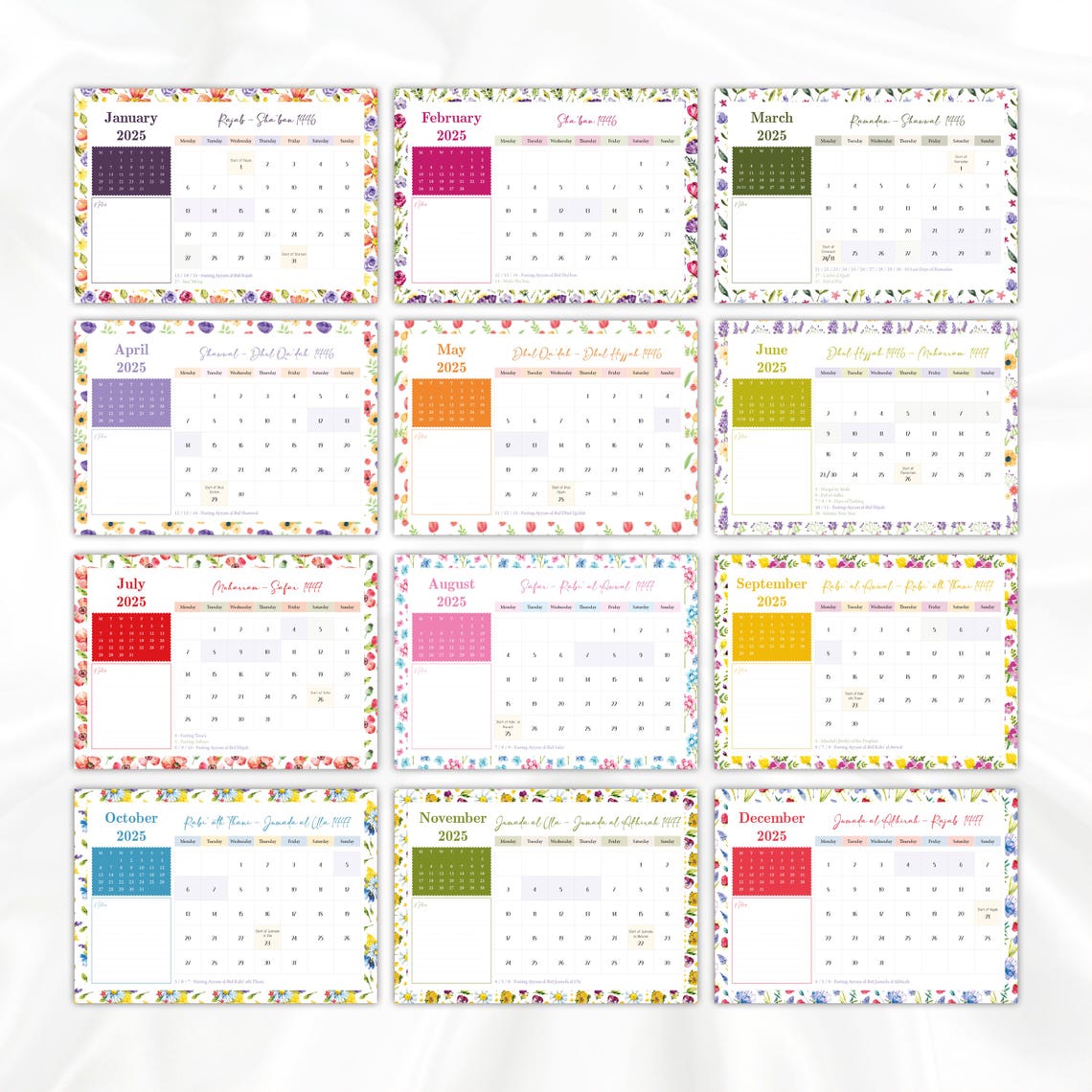 2025 Hijri Calendar | Islamic Calendar | Gregorian Dates | Floral ...
