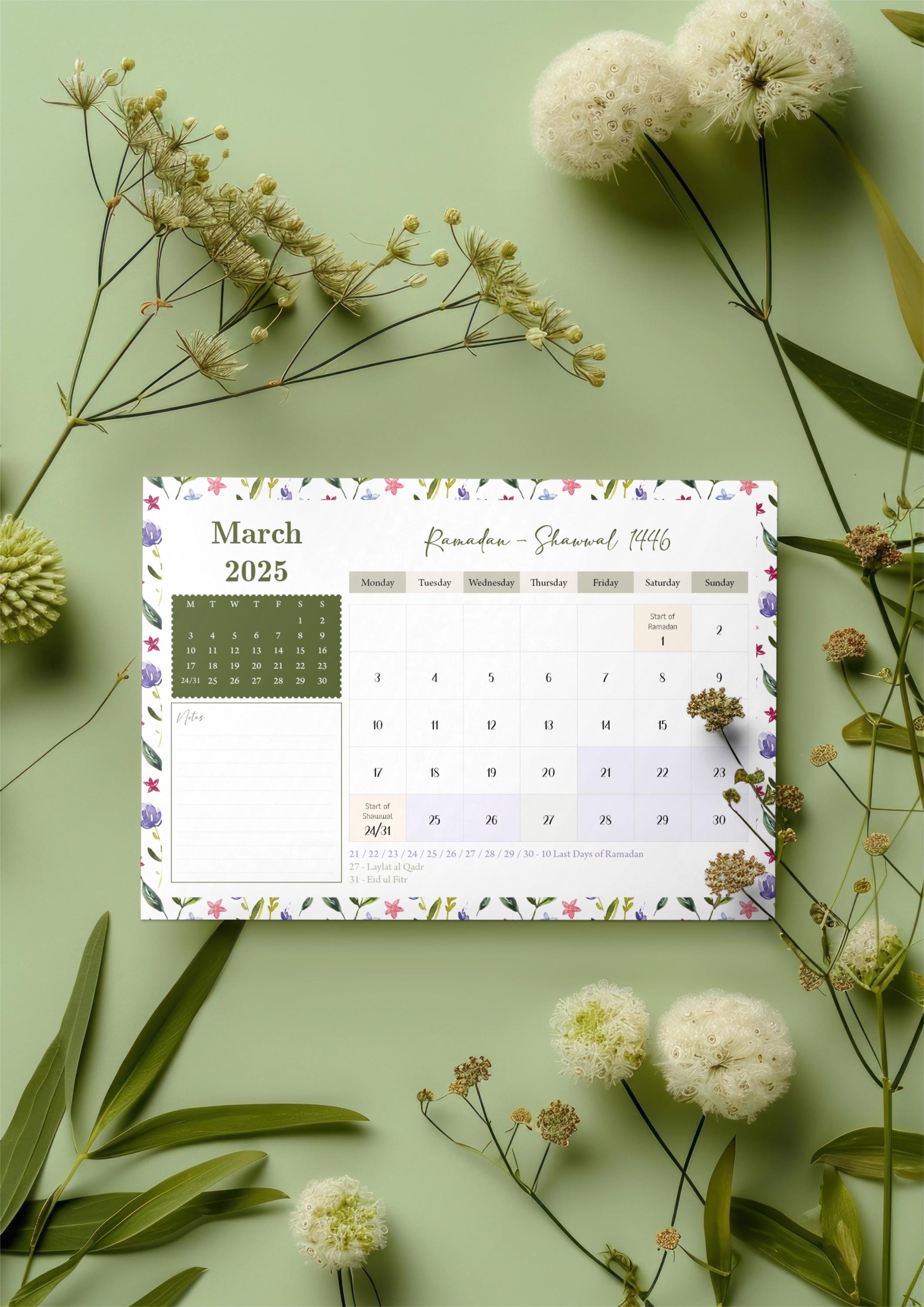 2025 Hijri Calendar | Islamic Calendar | Gregorian Dates | Floral ...