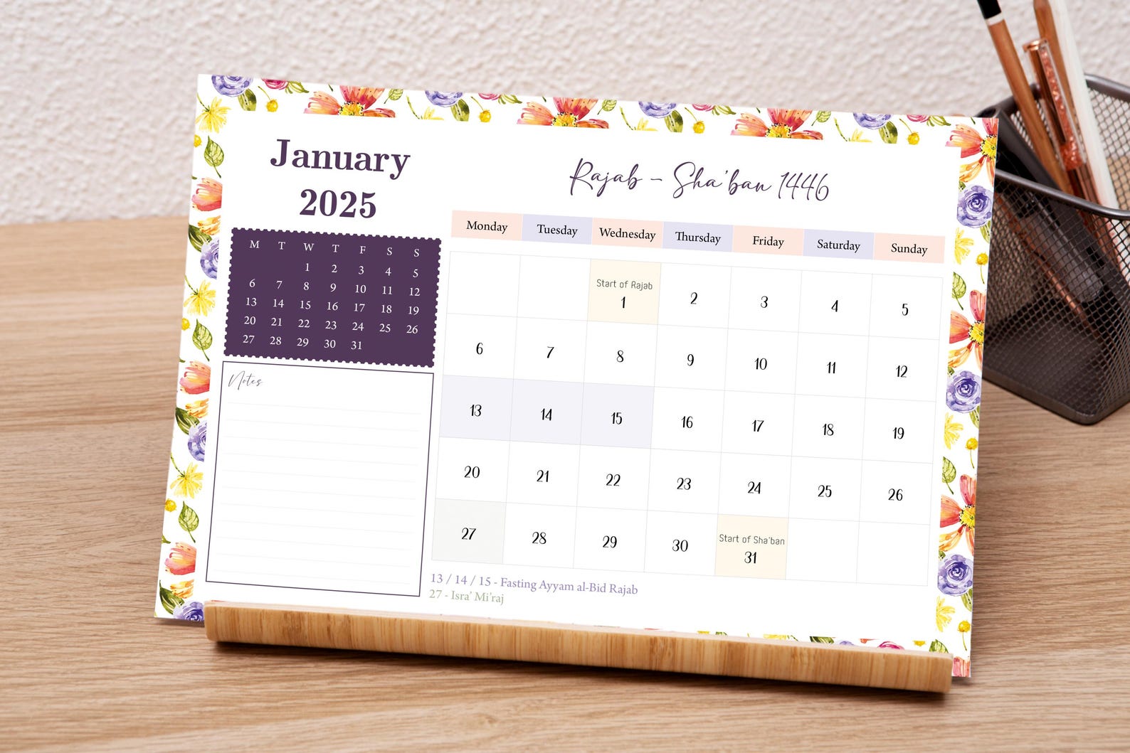 2025 Hijri Calendar | Islamic Calendar | Gregorian Dates | Floral ...