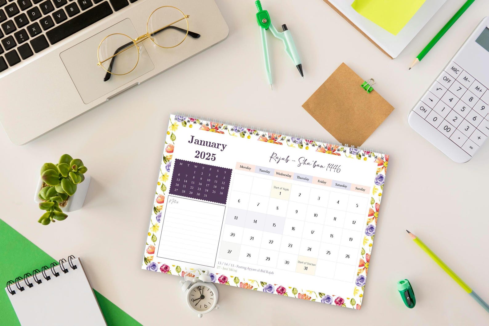 2025 Hijri Calendar | Islamic Calendar | Gregorian Dates | Floral ...