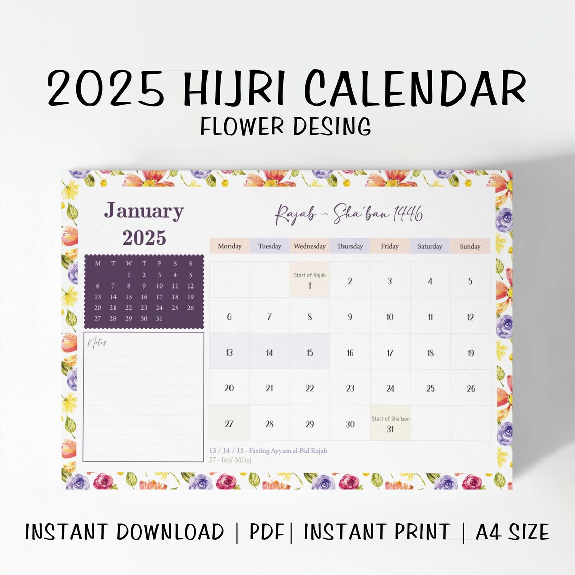 2025 Hijri Calendar | Islamic Calendar | Gregorian Dates | Floral ...