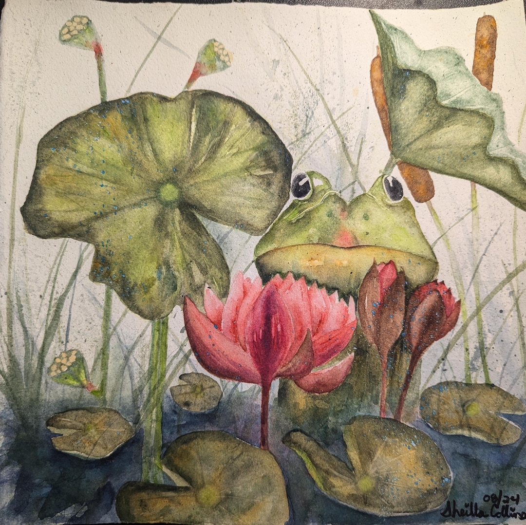 Beautiful Swamp Frog and Lilly Pond Watercolor Painting - Etsy