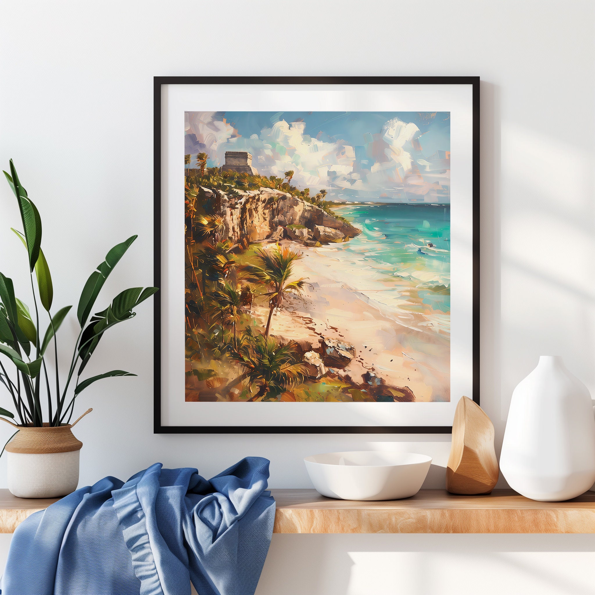 Tulum Beach Painting, Mexican Coastline, Ancient Ruins Art, Tropical ...