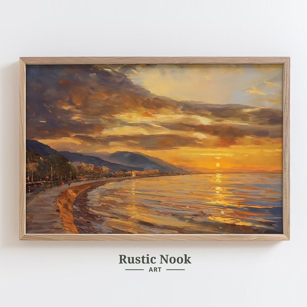 Golden Sunset Painting, Malecon, Ocean View Art, Tranquil Waters, Beach ...