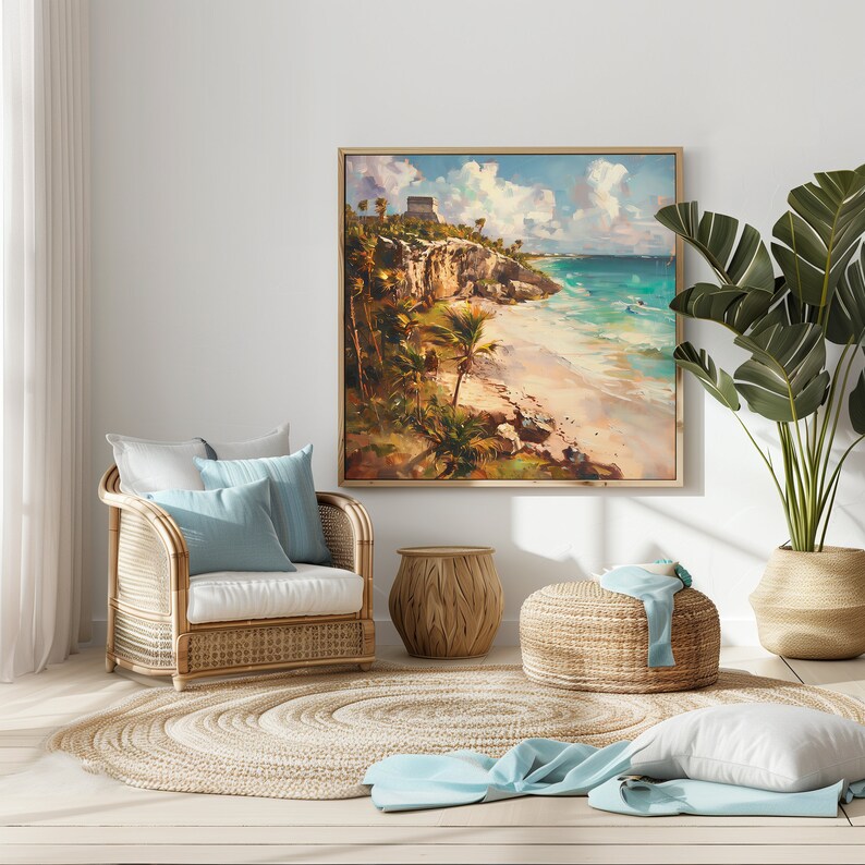 Tulum Beach Painting, Mexican Coastline, Ancient Ruins Art, Tropical ...