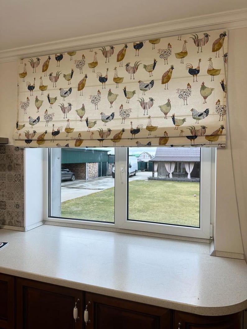 Playful Chicken Print Roman Blind – Handmade Farmhouse Window Covering ...