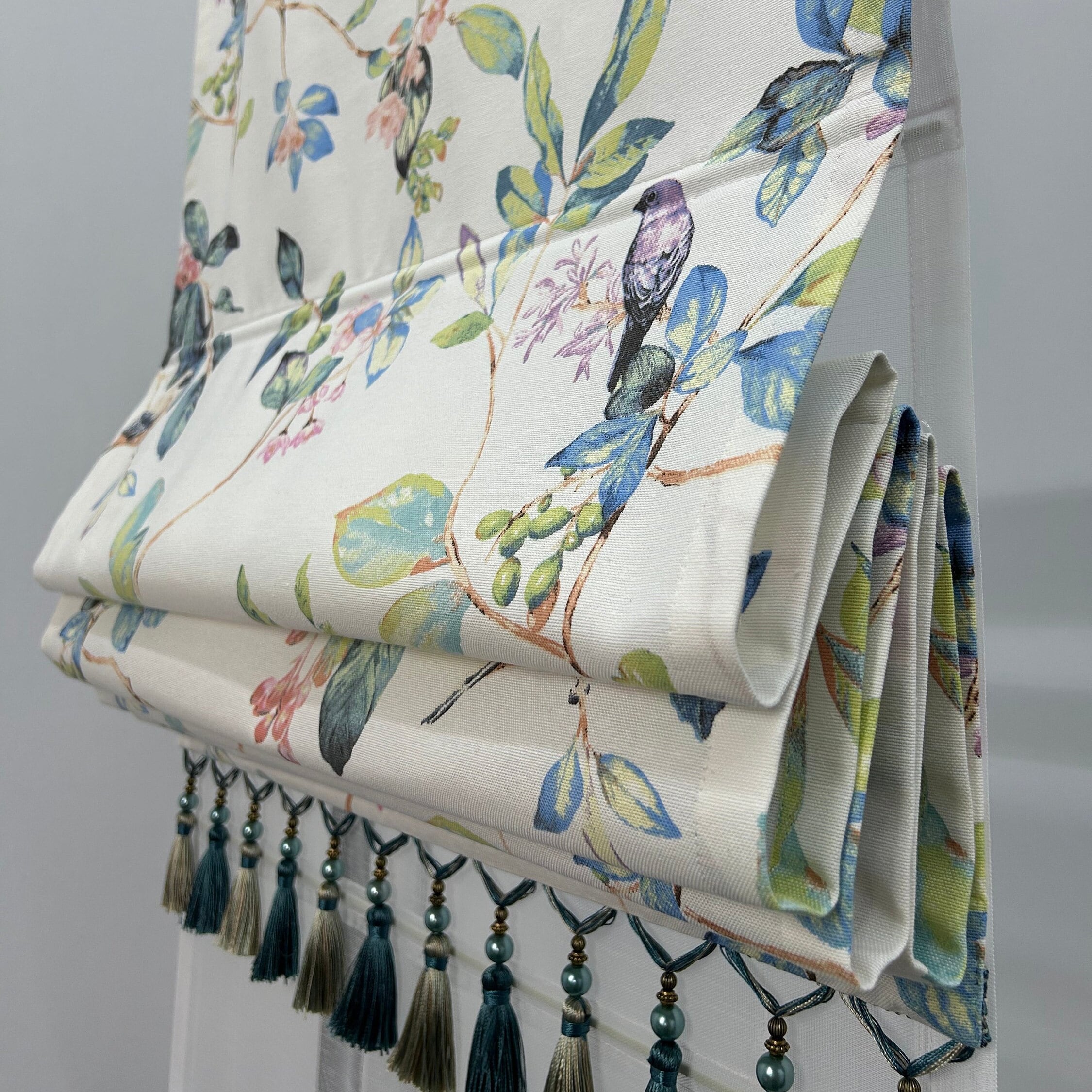 Roman Shade White Bird Fabric Panels Cottage Roman Shades Kitchen ...